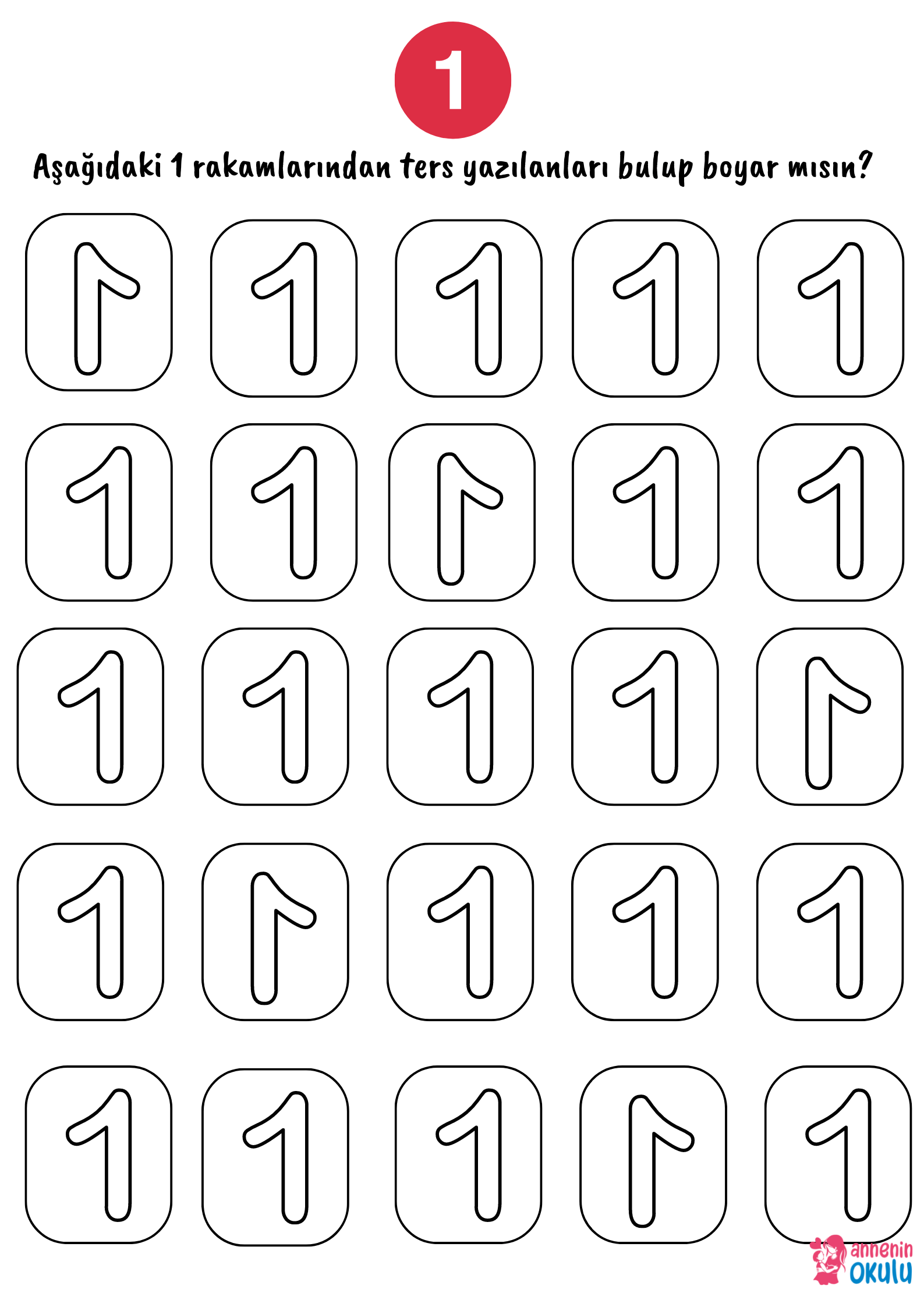 1 Rakamı ile İlgili Okuma Yazmaya Hazırlık Çalışması - Annenin Okulu
