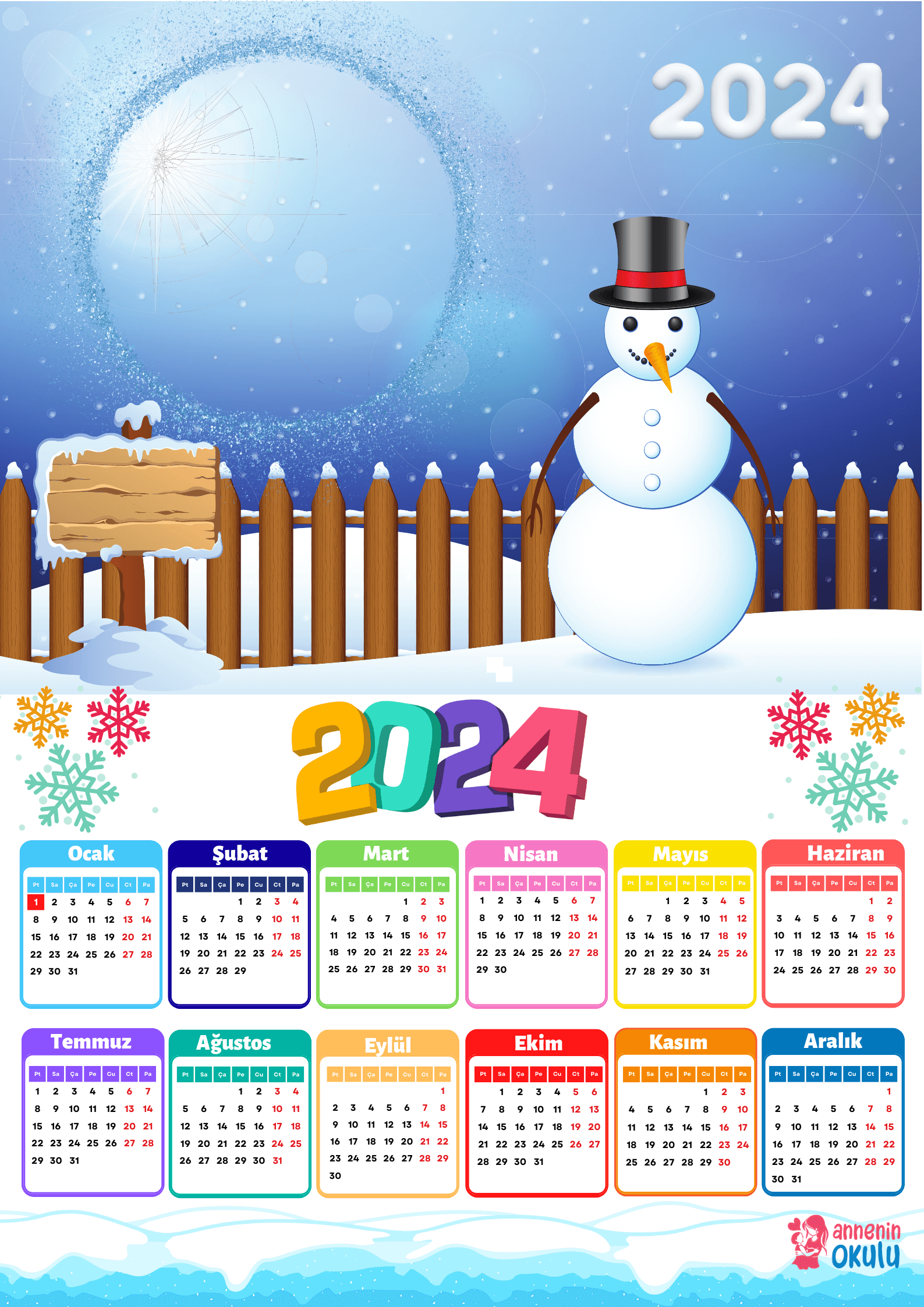 2024 Yılı Takvim Şablonu - Annenin Okulu