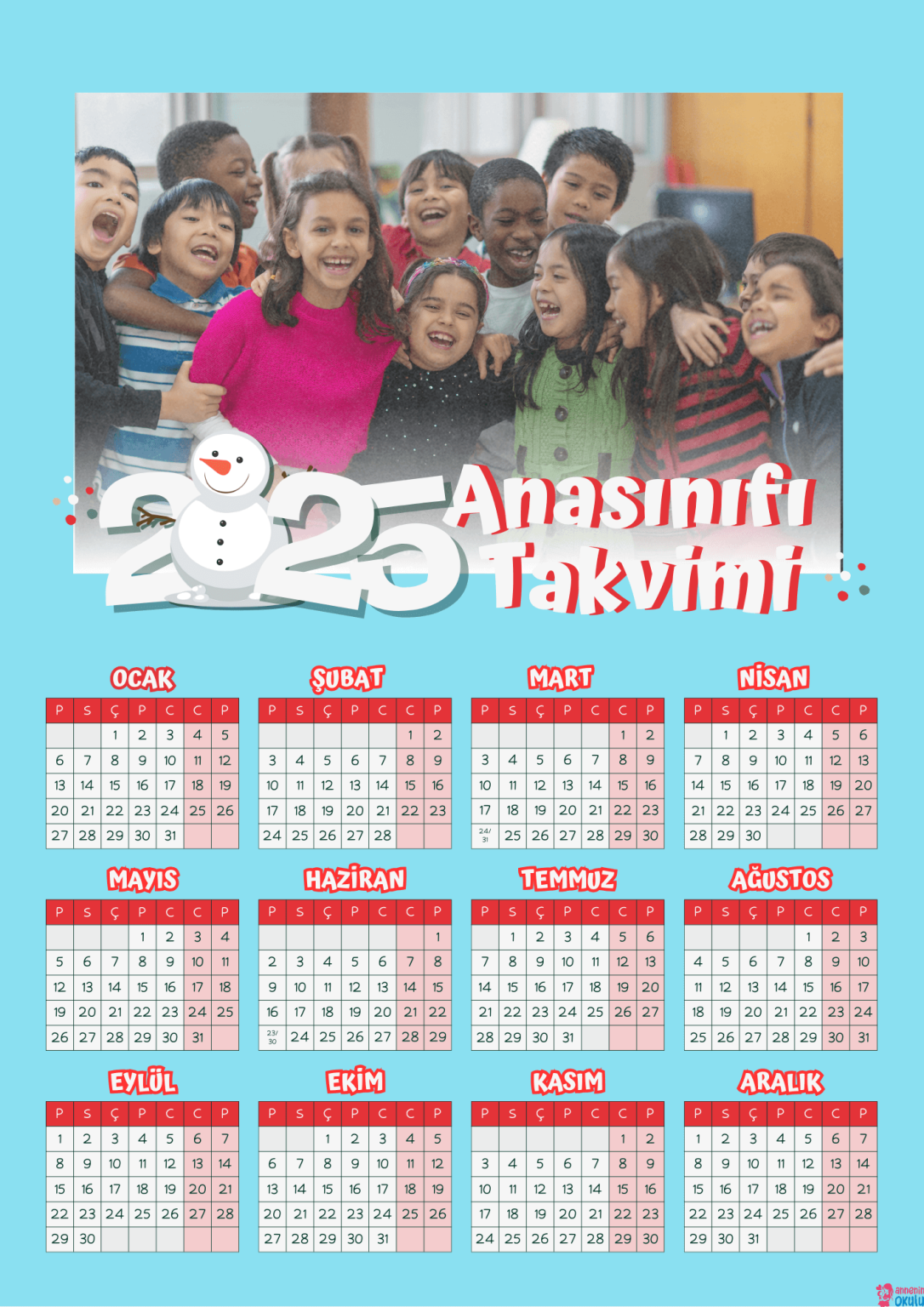 2025 Yılı Takvim Şablonu - Annenin Okulu