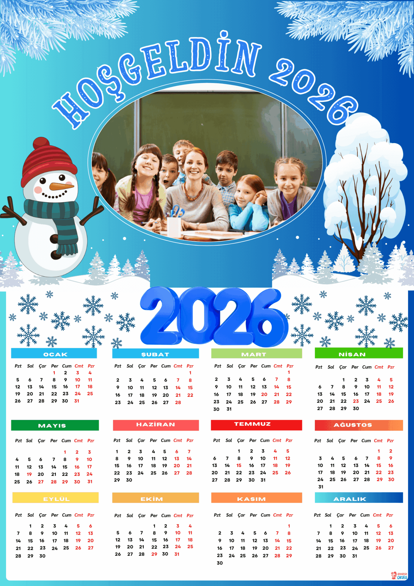 2026 Yılı Takvim Şablonu - Annenin Okulu